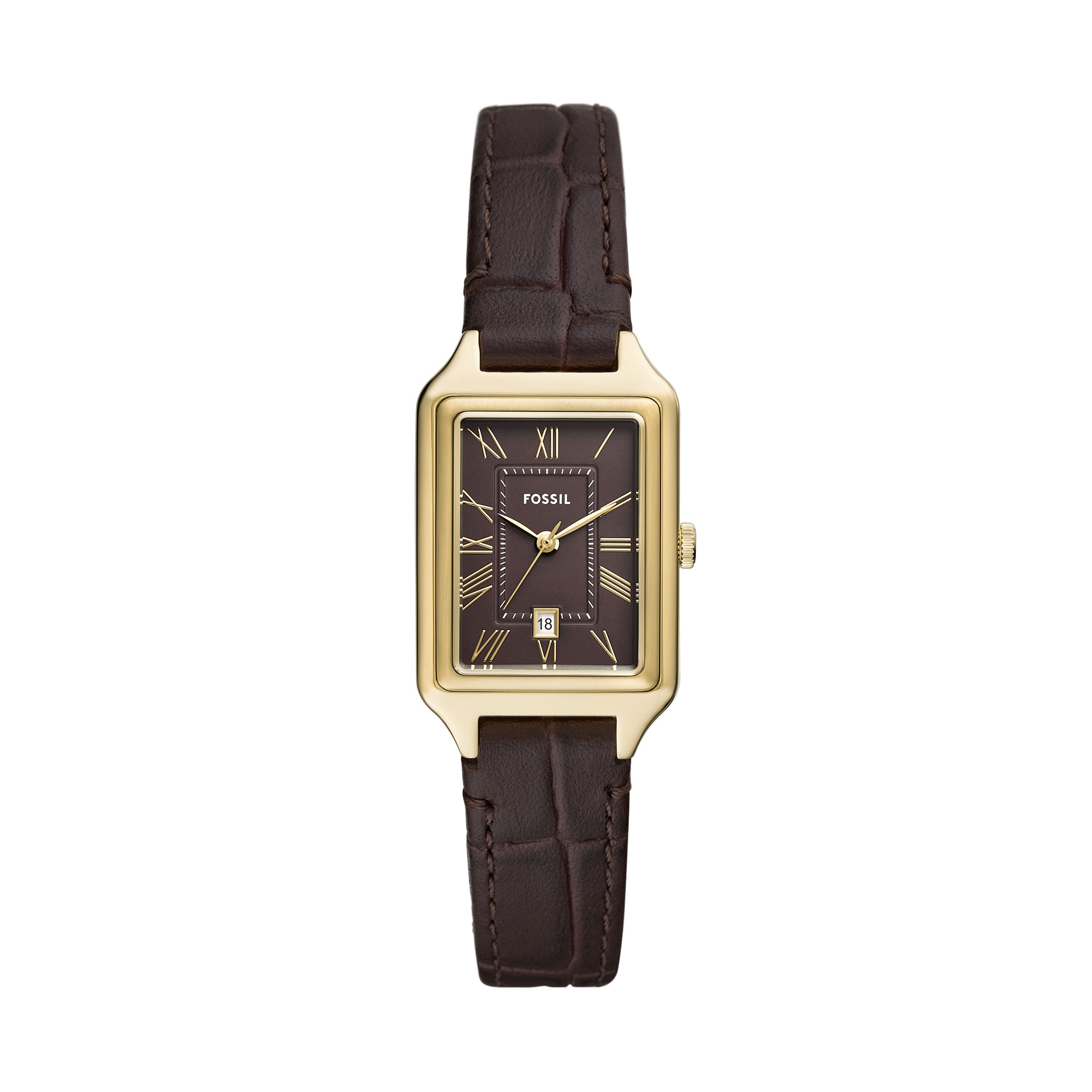 Fossil Raquel Three-Hand Date Brown Croco LiteHide™ Leather Watch ...